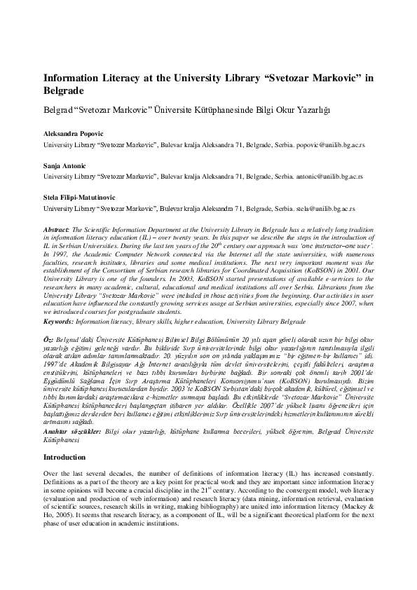 (PDF) Information Literacy at the University Library Svetozar Markovic ...