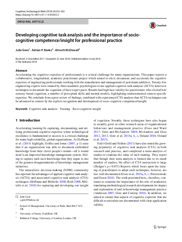 (PDF) Developing cognitive task analysis and the importance of socio-cognitive competence ...