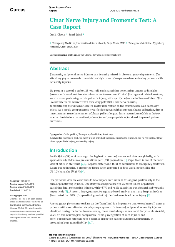 (PDF) Ulnar Nerve Injury and Froment’s Test: A Case Report