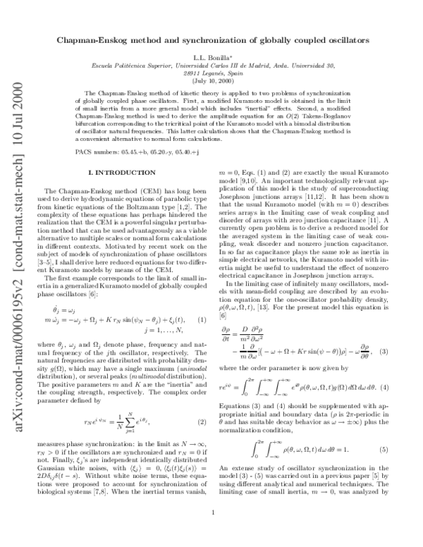 (PDF) Chapman-enskog method and synchronization of globally coupled oscillators