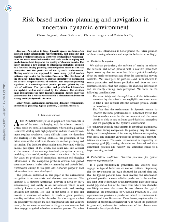 (PDF) Risk based motion planning and navigation in uncertain dynamic environment