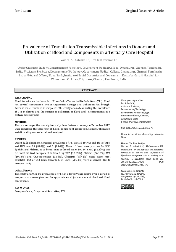 (PDF) The prevalence of transfusion-transmissible infection in blood ...