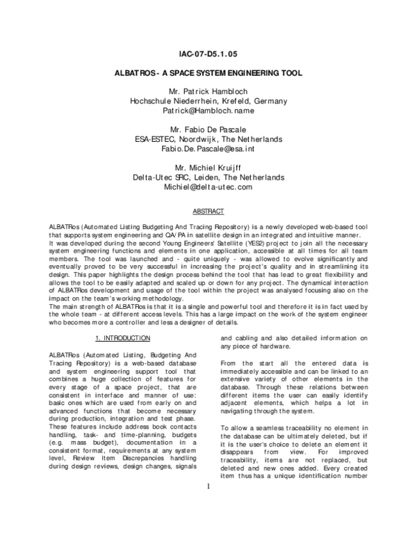 (PDF) Albatros -A Space System Engineering Tool