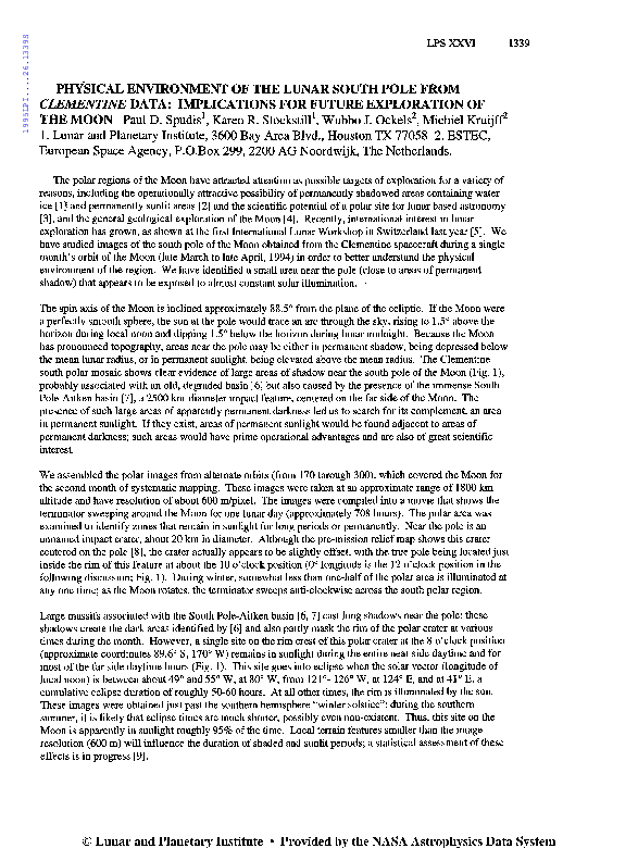 (PDF) Physical Environment of the Lunar South Pole from Clementine Data ...
