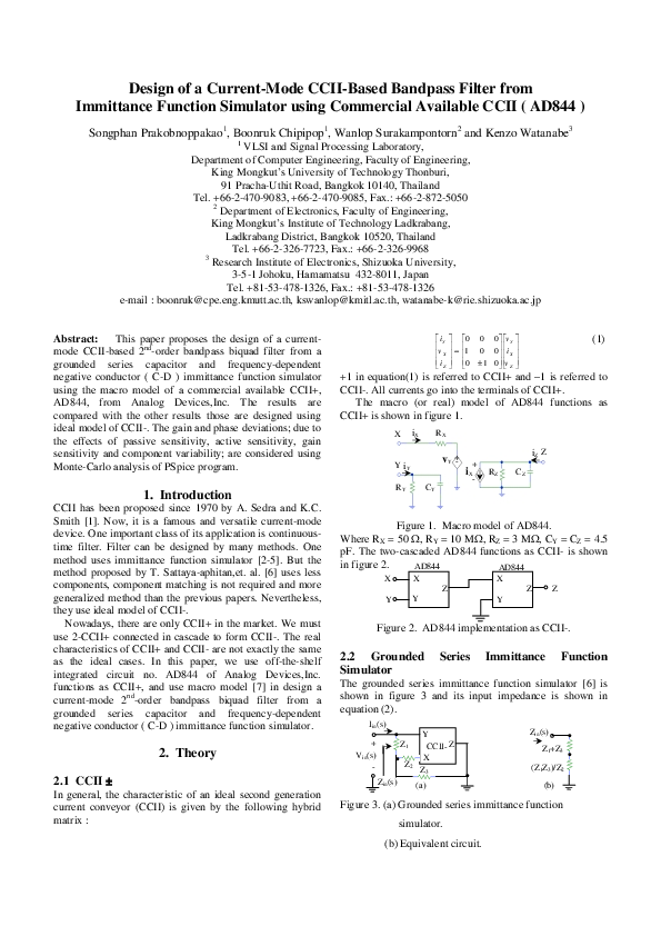 (PDF) Design of a Current-Mode CCII-Based Bandpass Filter from Immittance Function Simulator ...