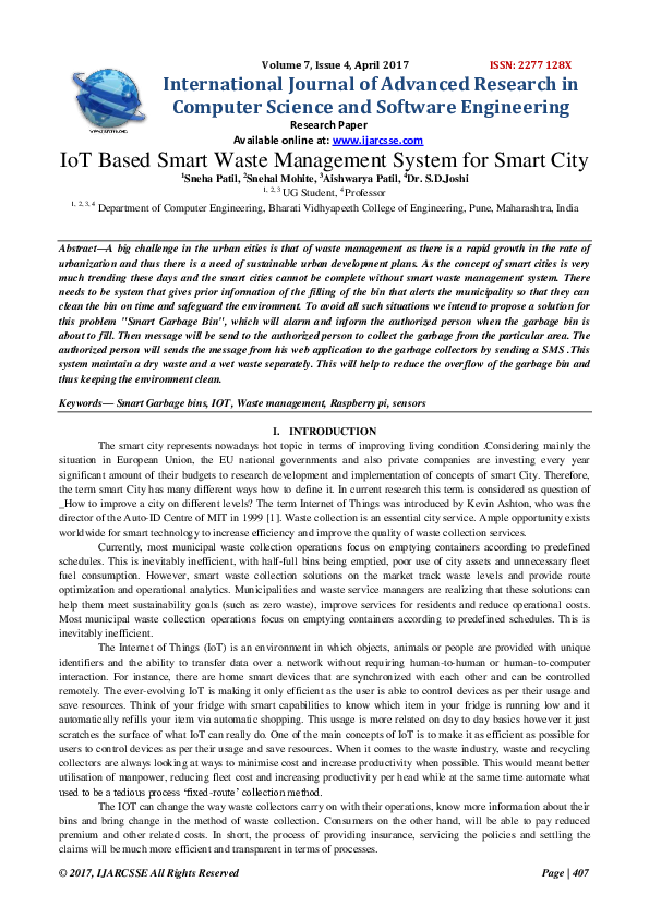 (PDF) IoT Based Smart Waste Management System for Smart City