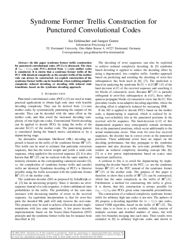(PDF) Syndrome former trellis construction for punctured convolutional codes