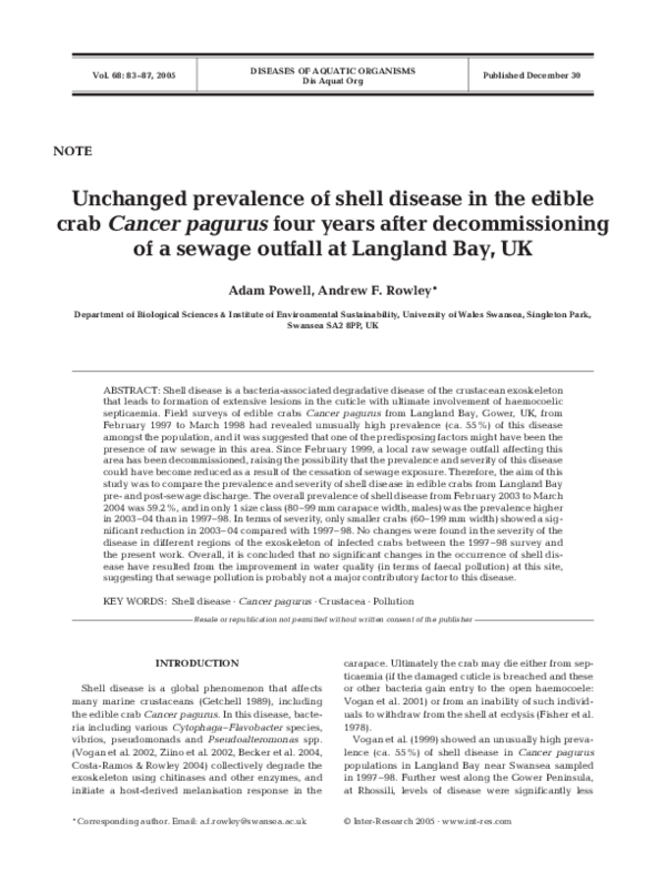(PDF) Unchanged prevalence of shell disease in the edible crab Cancer ...