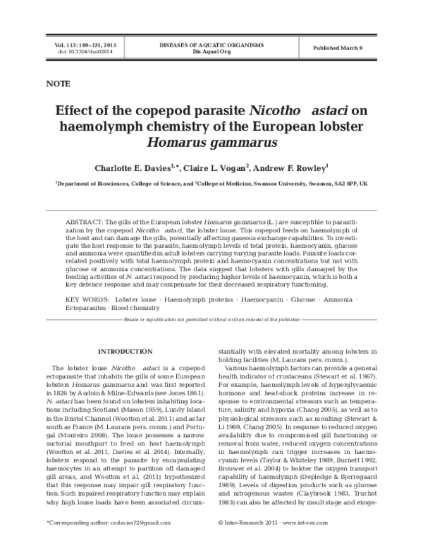 (PDF) Effect of the copepod parasite Nicothoë astaci on haemolymph ...