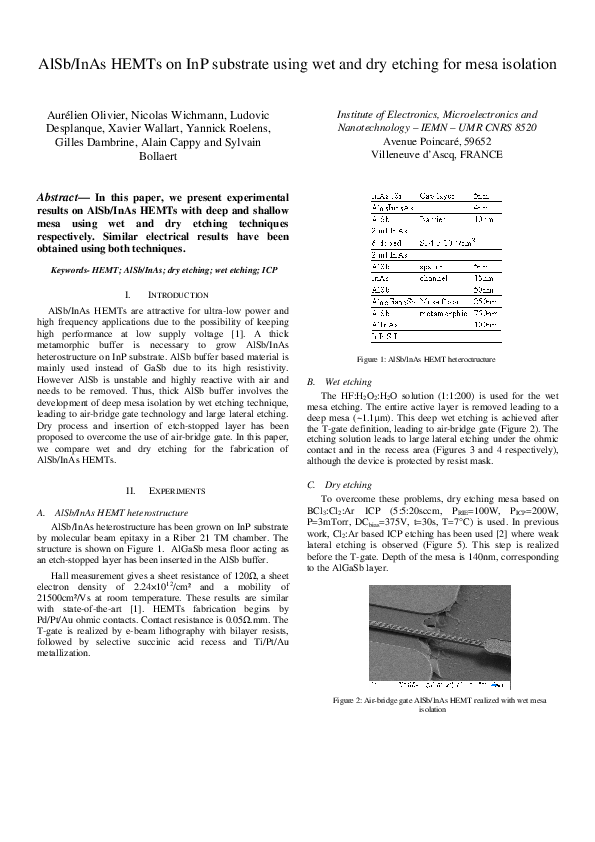 (PDF) AlSb/InAs HEMTs on InP substrate using wet and dry etching for mesa isolation