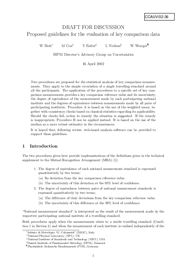 (PDF) DRAFT FOR DISCUSSION Proposed guidelines for the evaluation of key comparison data