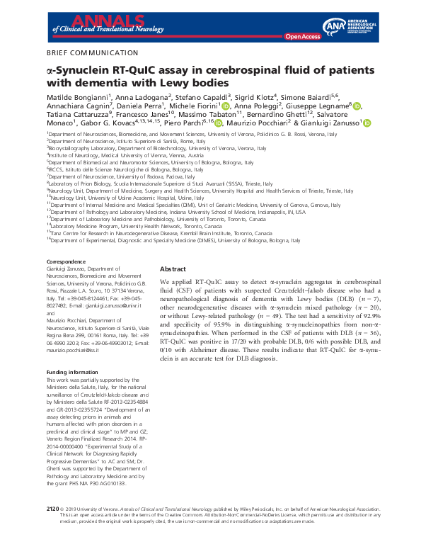 (PDF) α‐Synuclein RT‐QuIC assay in cerebrospinal fluid of patients with dementia with Lewy bodies