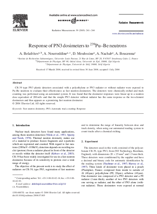 (PDF) Response of PN3 dosimeters to –Be neutrons