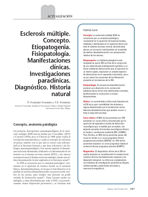 (PDF) Esclerosis múltiple. concepto. etiopatogenia. fisiopatología. manifestaciones clínicas ...