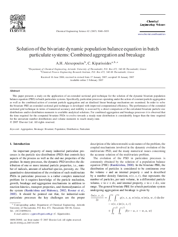 (PDF) Solution of the bivariate dynamic population balance equation in batch particulate systems ...