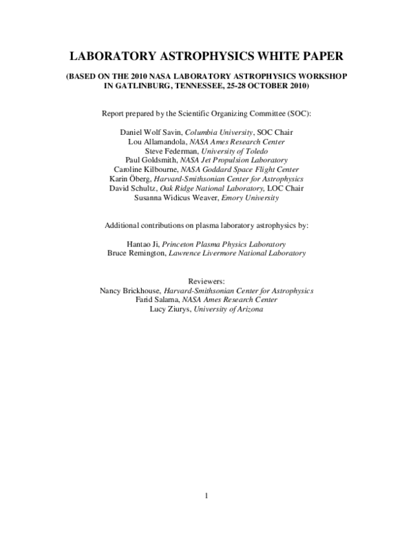 (PDF) Laboratory Astrophysics White Paper (based on the 2010 NASA ...