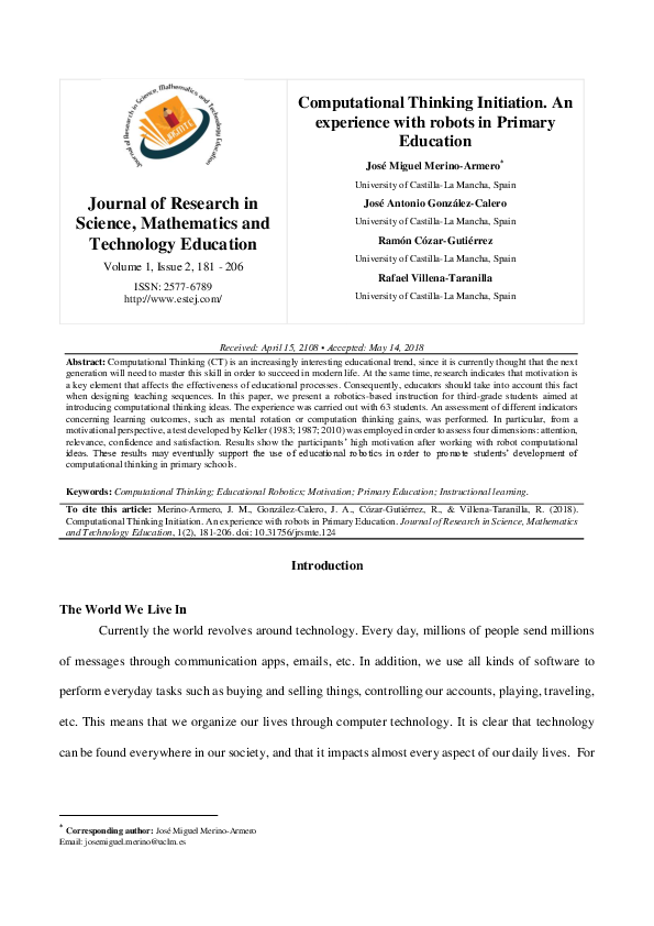 Pdf Computational Thinking Initiation An Experience With Robots In Primary Education