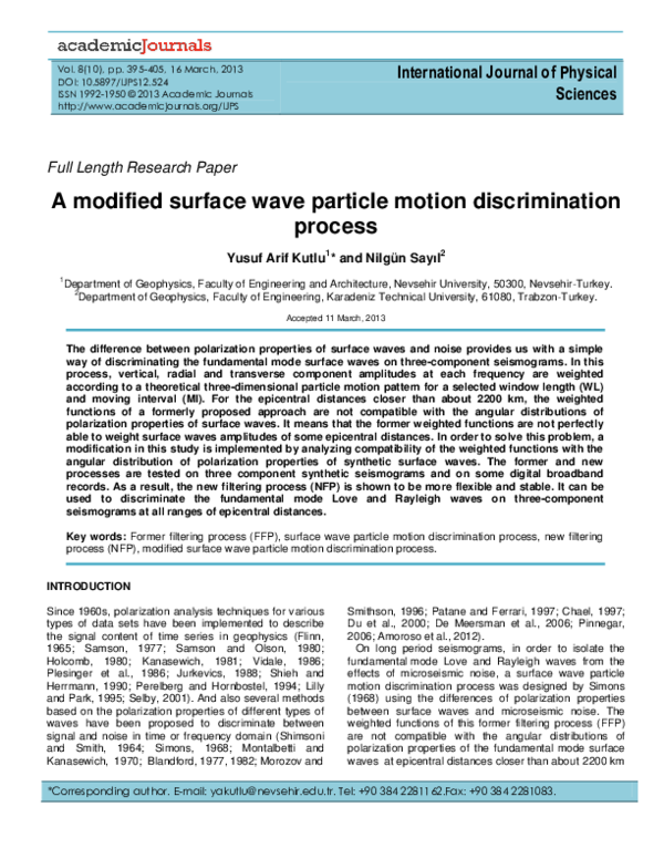 (PDF) A Modified Surface Wave Particle Motion Discrimination Process