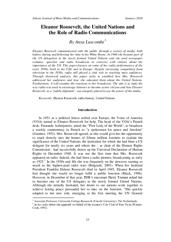 (PDF) Eleanor Roosevelt, the United Nations and the Role of Radio ...
