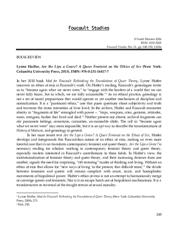 (PDF) Lynne Huffer, Are the Lips a Grave? A Queer Feminist on the ...