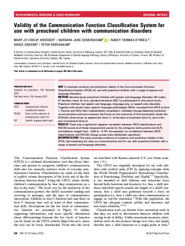 (PDF) Validity of the Communication Function Classification System for ...