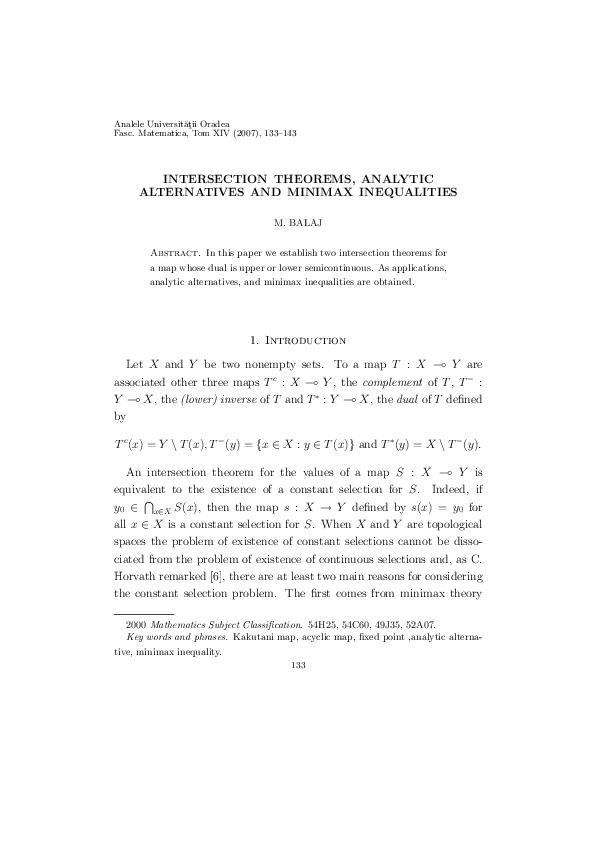 (PDF) Intersection Theorems, Analytic Alternatives and Minimax Inequalities