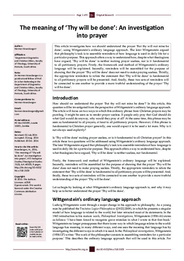 (PDF) The meaning of ‘Thy will be done’: An investigation into prayer