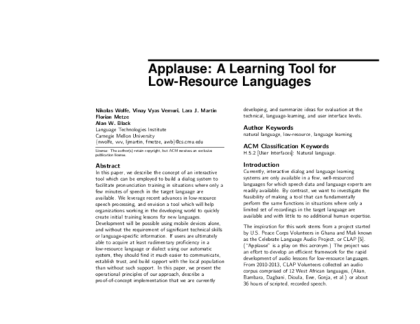 (PDF) Applause: A Learning Tool for Low-Resource Languages