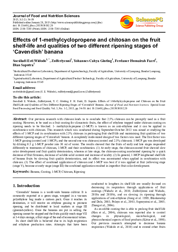 (PDF) Effects of 1-Methylcyclopropene and Chitosan on the Fruit Shelf-Life and Qualities of Two ...