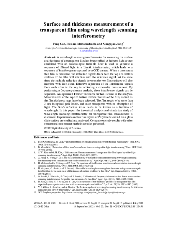(PDF) Surface and thickness measurement of a transparent film using ...