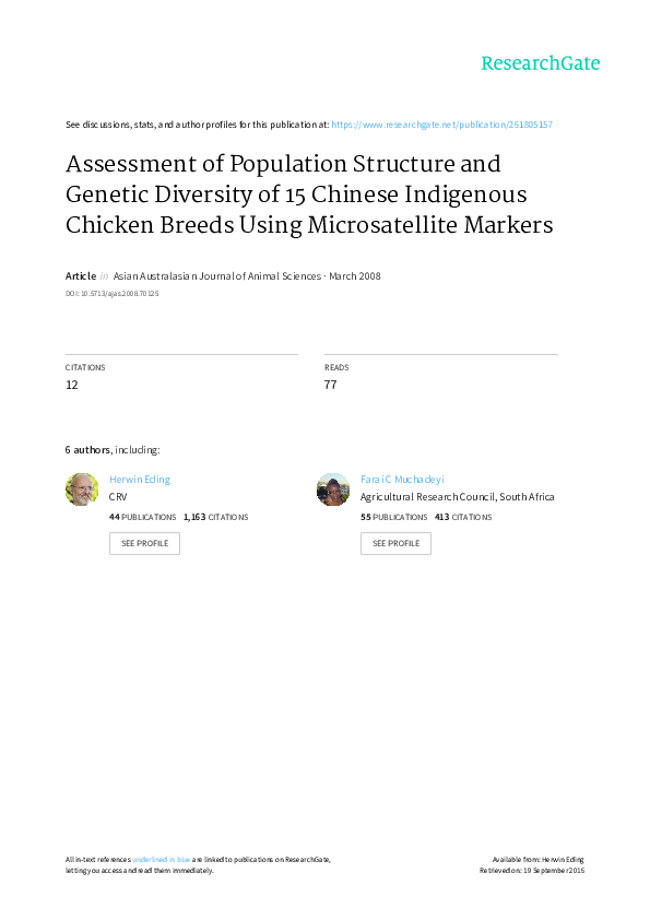 (PDF) Assessment of population structure and genetic diversity of 15 Chinese indigenous chicken ...