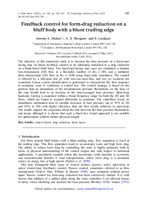 (PDF) Feedback control for form-drag reduction on a bluff body with a ...