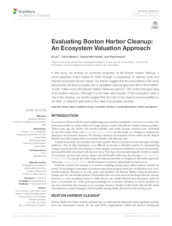 (PDF) Evaluating Boston Harbor Cleanup: An Ecosystem Valuation Approach