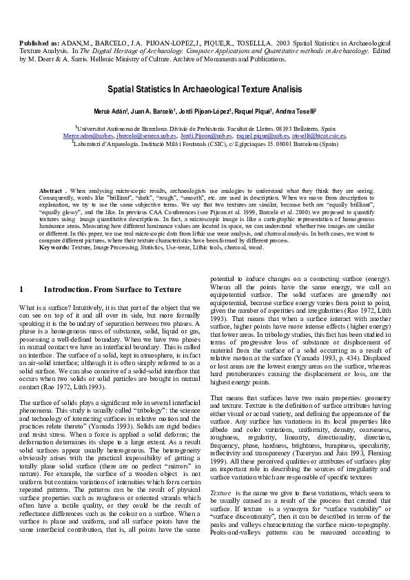 (PDF) Spatial Statistics In Archaeological Texture Analisis