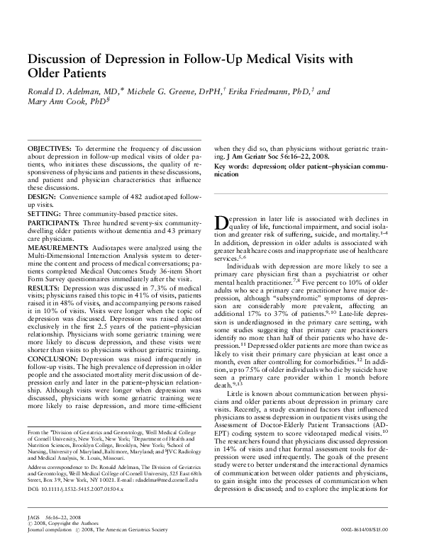 (PDF) Discussion of Depression in Follow-Up Medical Visits with Older ...