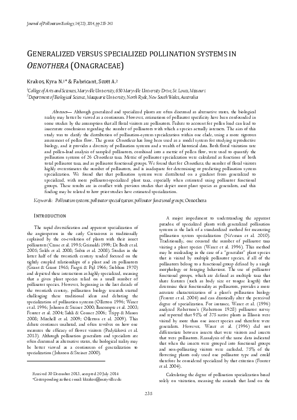 (PDF) Generalist versus specialist pollination systems in 26 Oenothera ...