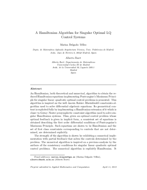 (PDF) A Hamiltonian Algorithm for Singular Optimal LQ Control Systems | Alberto Ibort - Academia.edu