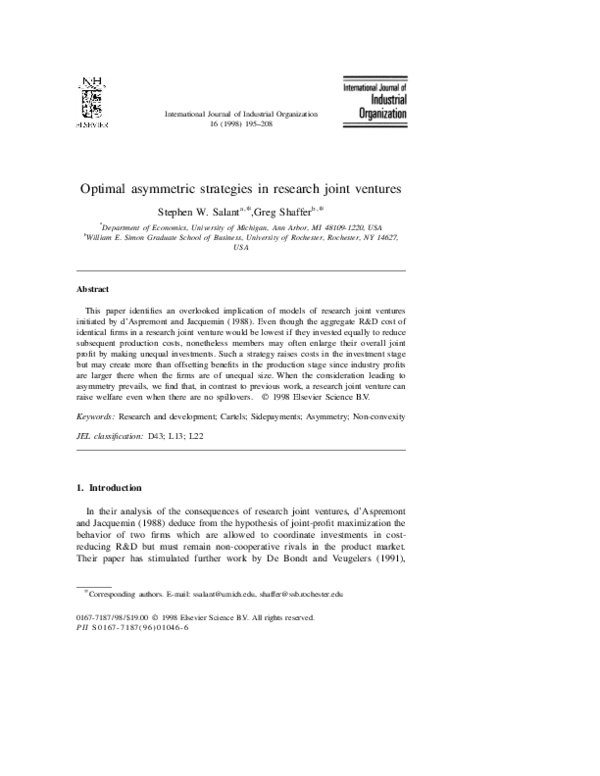 (PDF) Optimal asymmetric strategies in research joint ventures
