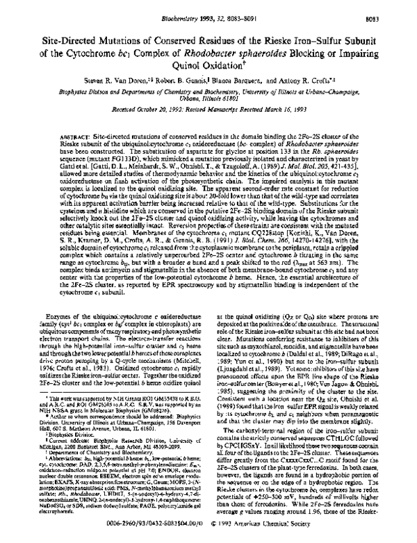 (PDF) Site-directed mutations of conserved residues of the Rieske iron ...