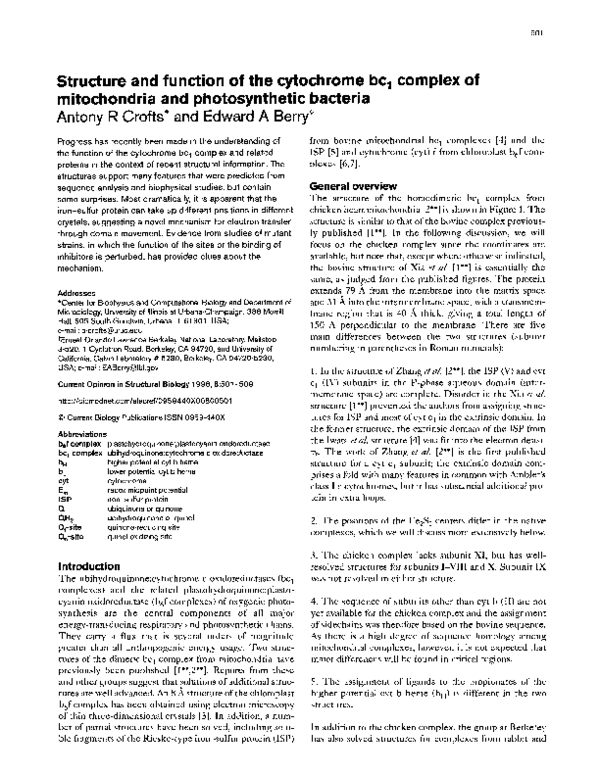 (PDF) Structure and function of the cytochrome bc1 complex of ...