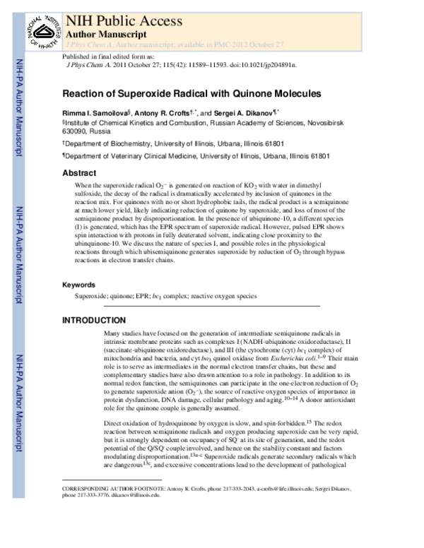 (PDF) Reaction of Superoxide Radical with Quinone Molecules