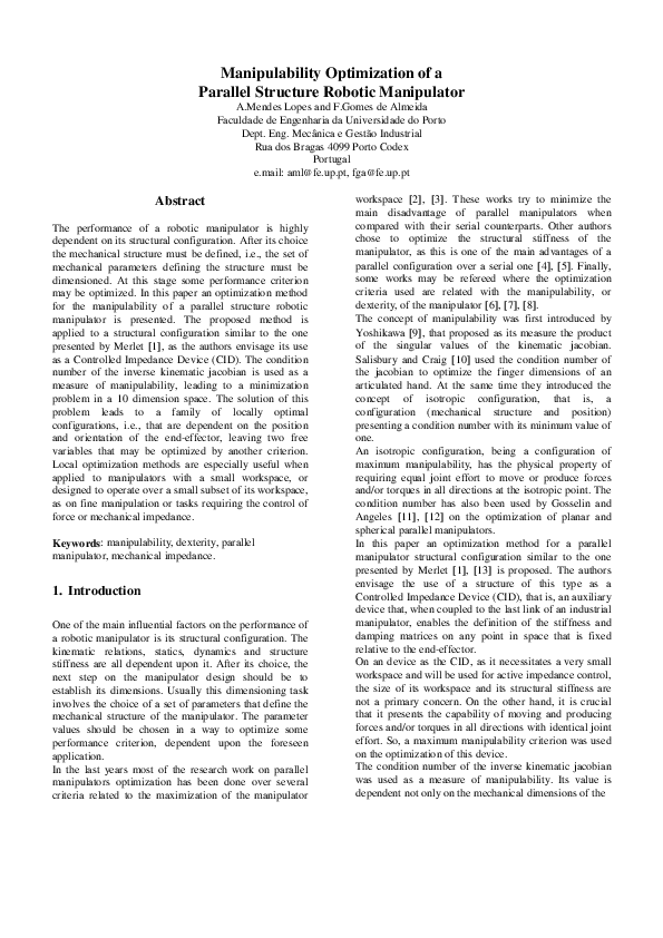 (PDF) Manipulability Optimization of a Parallel Structure Robotic Manipulator