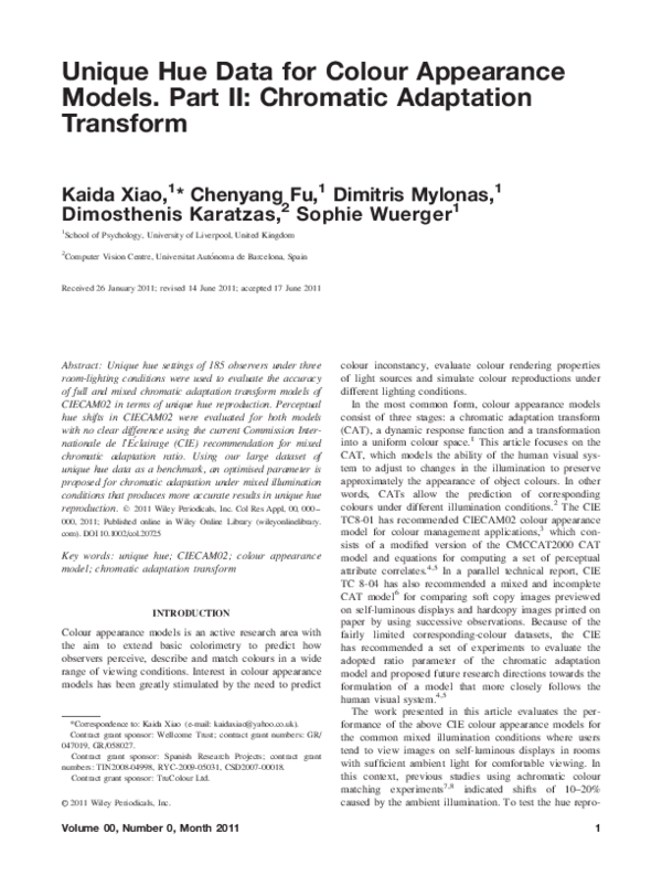 (PDF) Unique hue data for colour appearance models. Part I: Loci of ...
