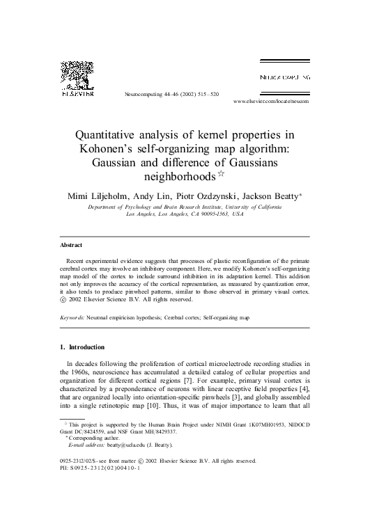 (PDF) Quantitative analysis of kernel properties in Kohonen's self-organizing map algorithm ...