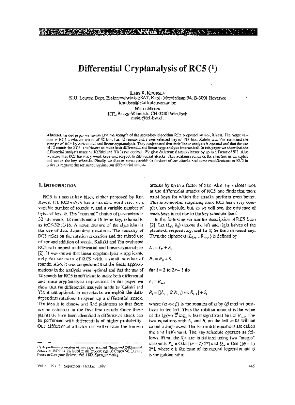 (PDF) Differential cryptanalysis of RC5