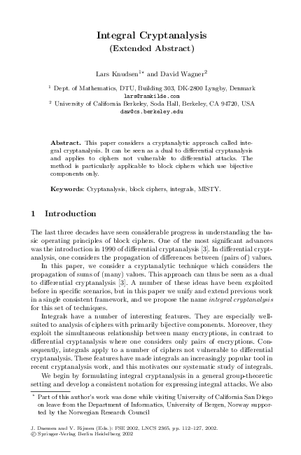 (PDF) Integral Cryptanalysis