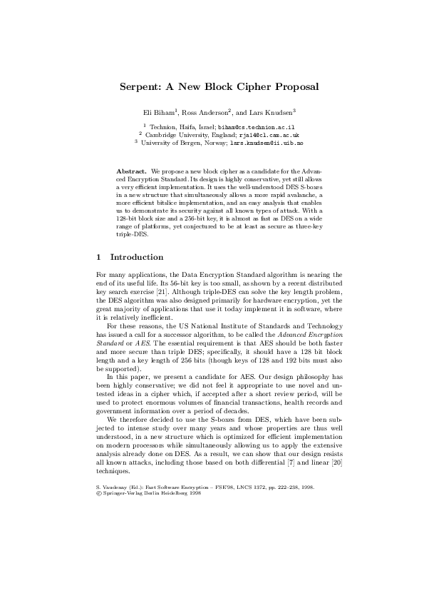 (PDF) Serpent: A New Block Cipher Proposal