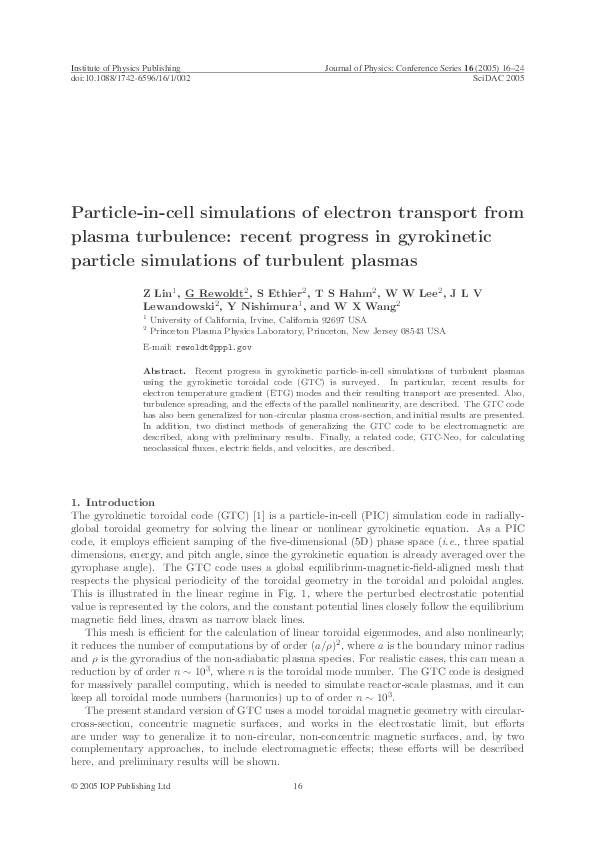 (PDF) Particle-in-cell simulations of electron transport from plasma turbulence: recent progress ...