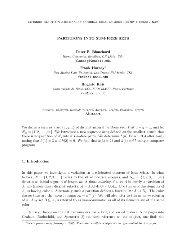 (PDF) Partitions into sum-free sets