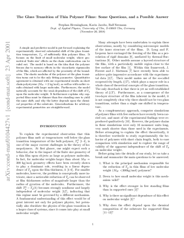 (PDF) The glass transition of thin polymer films: some questions, and a ...